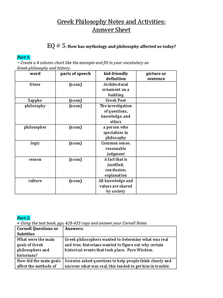 Greek Philosophy Notes and Activities Answer Sheet | PDF | Socrates ...