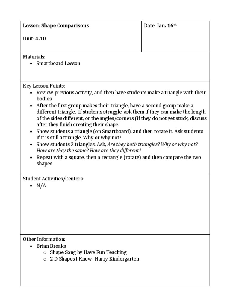 Shape Comparisons Lesson Plan | PDF