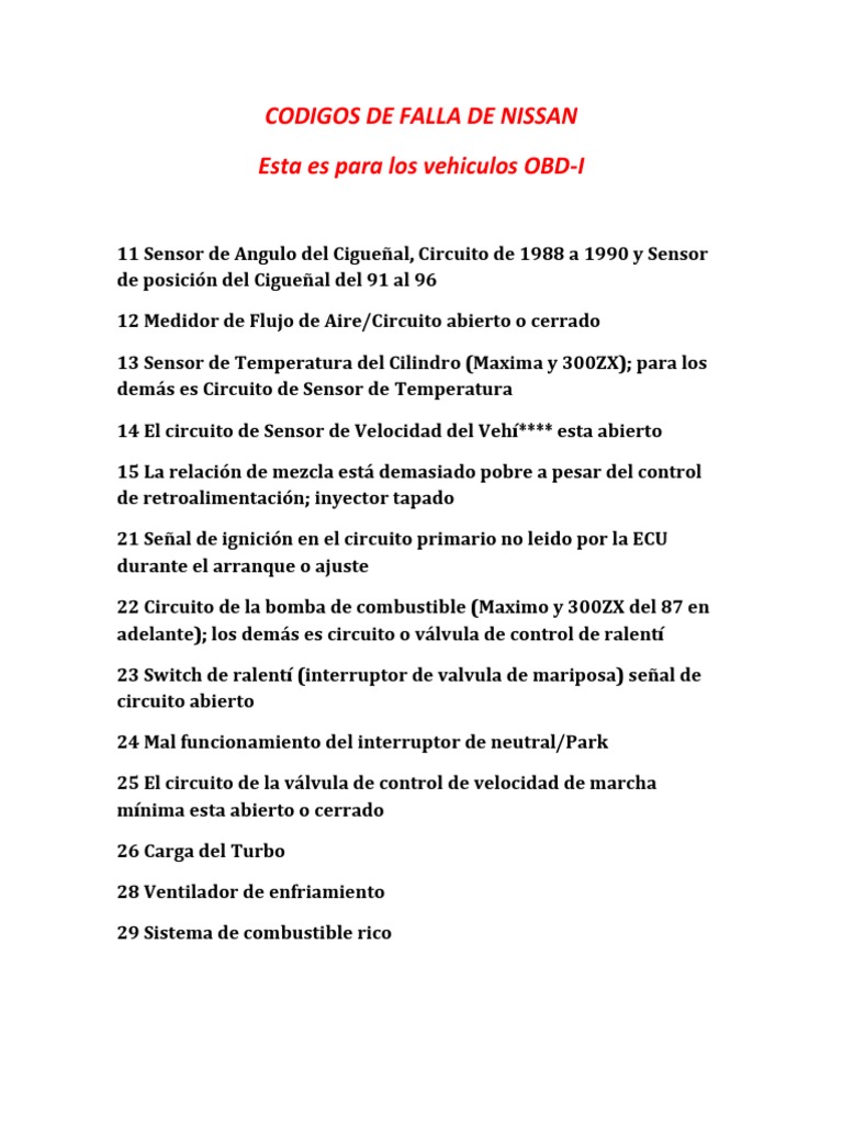 Listado de Codigos de Falla Nissan | PDF | Turbocompresor | Transmisión (Mecánica)