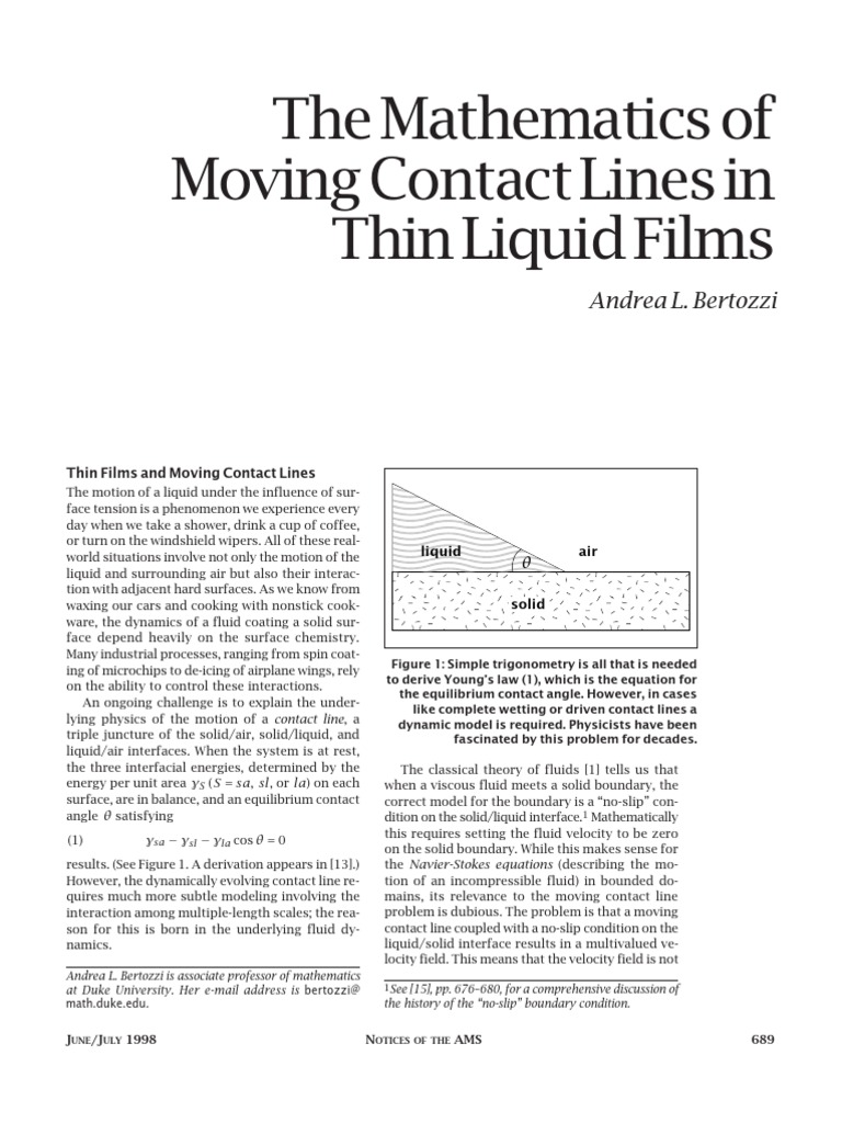 09.21.the Mathematics of Moving Contact Lines in Thin Liquid Lms | PDF ...