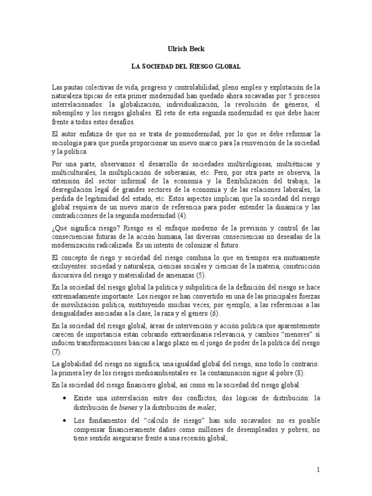 Ulrich Beck - La Sociedad Del Riesgo Global | PDF | Sociedad | Modernidad