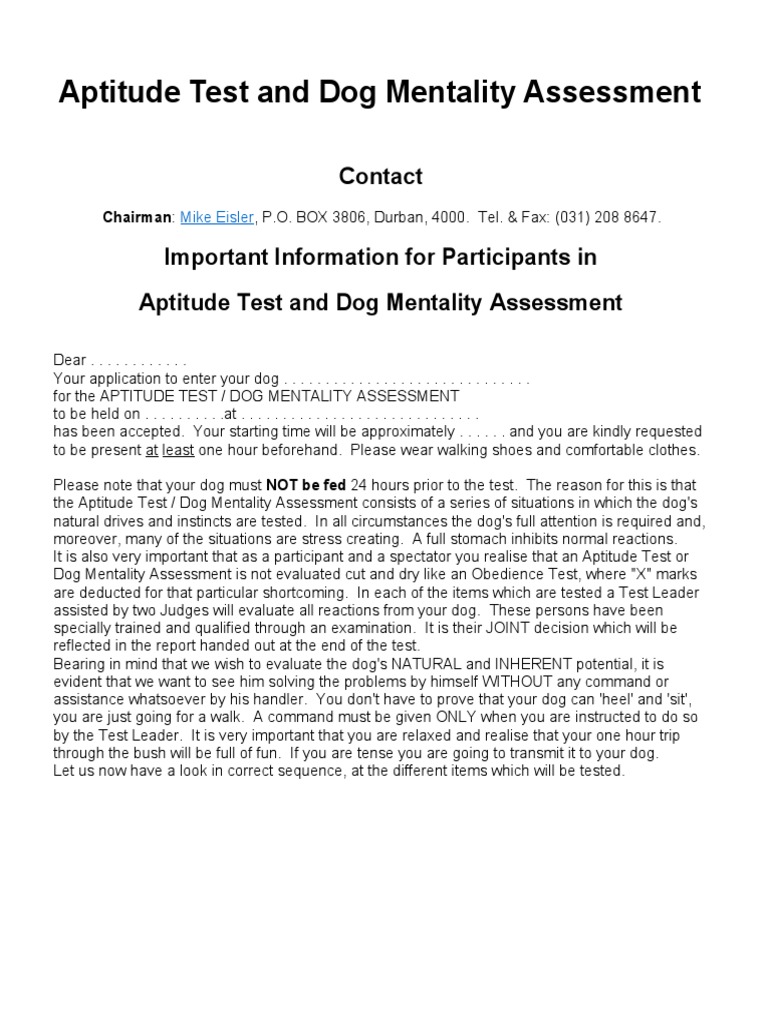 Aptitude Test and Dog Mentality Assessment | PDF | Dogs | Test (Assessment)
