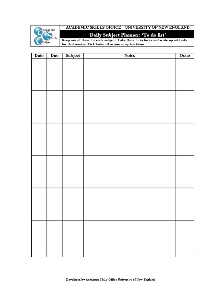 Daily Subject Planner: To Do List': Date Due Subject Notes Done | PDF