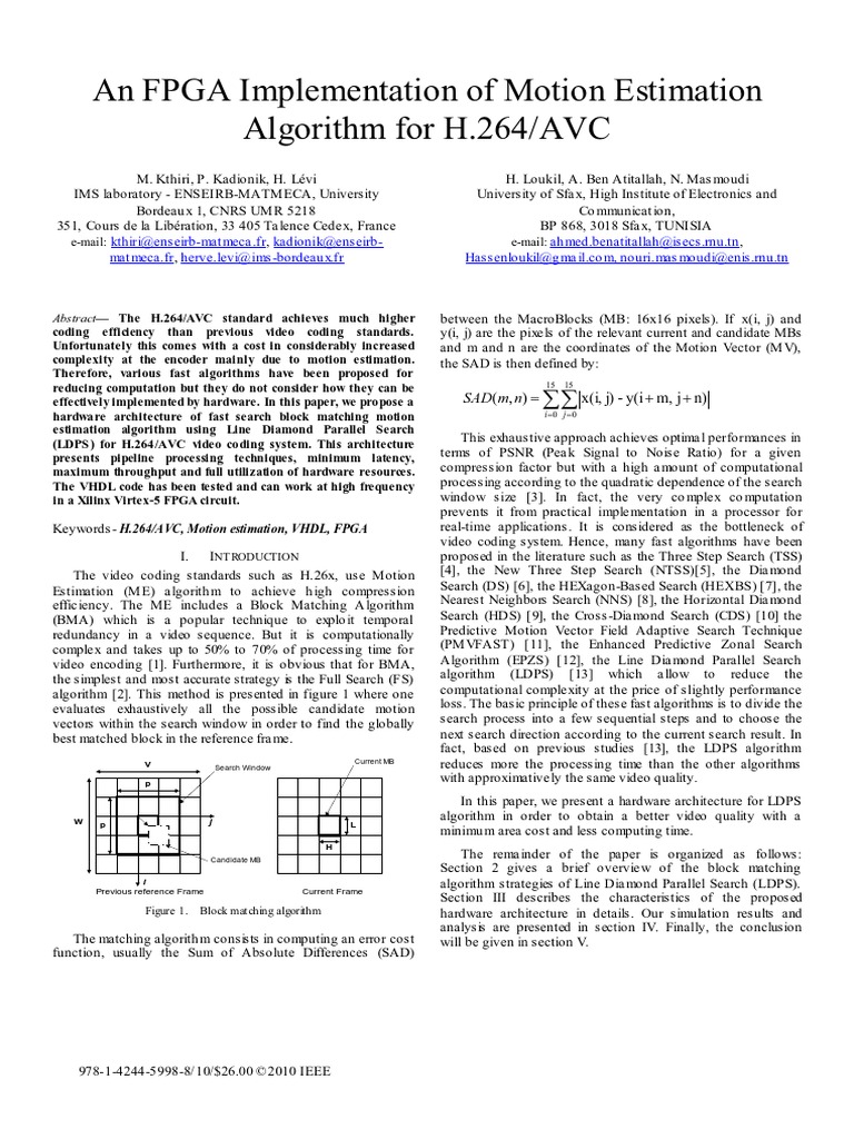 An FPGA Implementation of Motion Estimation Algorithm For H 264AVC ...