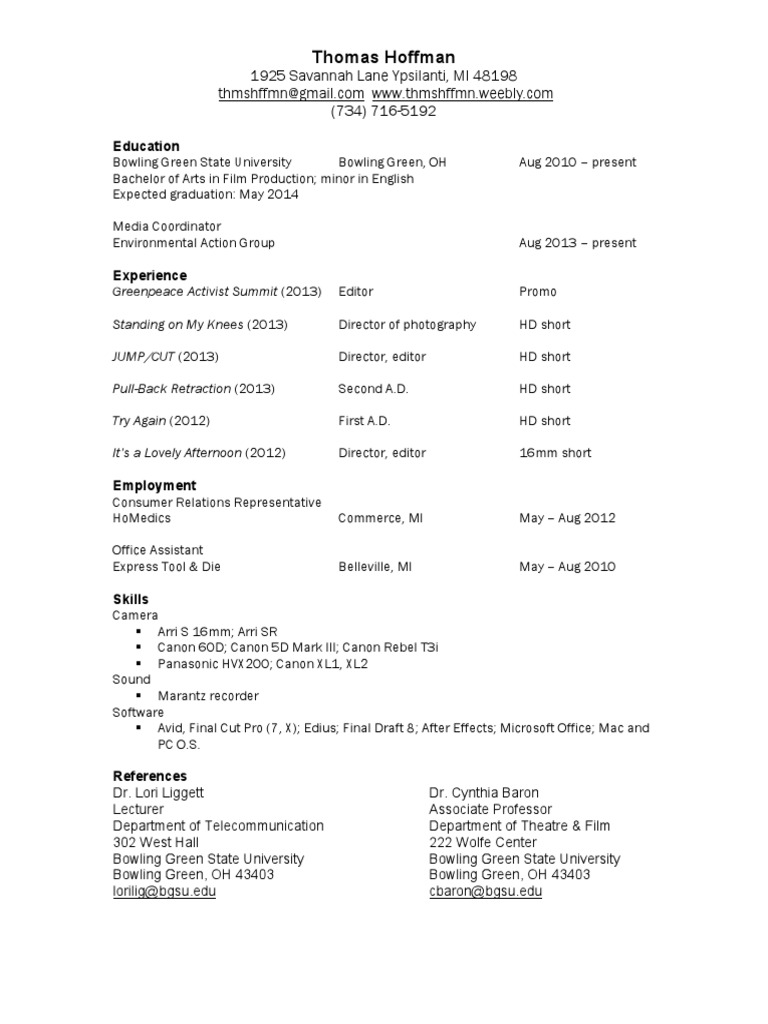 Film Production Resume: Thomas Hoffman | PDF | Career & Growth | Business