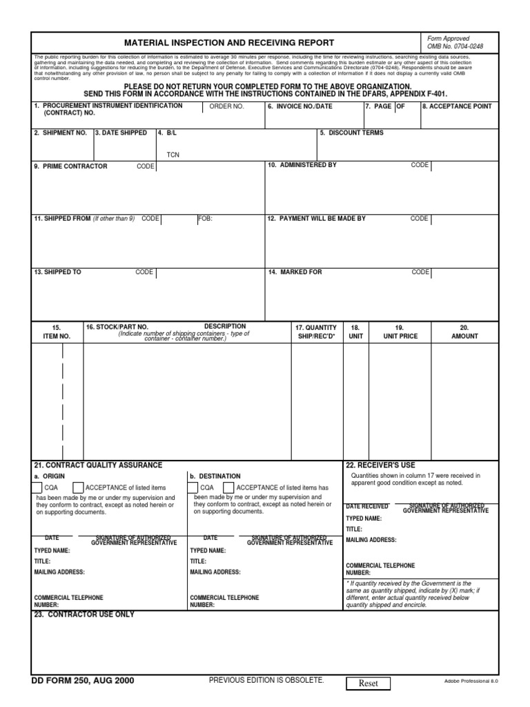 Dd0250 Material Receiving and Inspection Report | Government | Politics