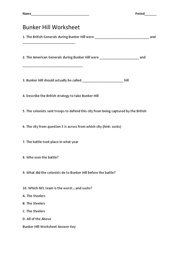 Bunker Hill Worksheet | PDF | Military Operations Of The American ...