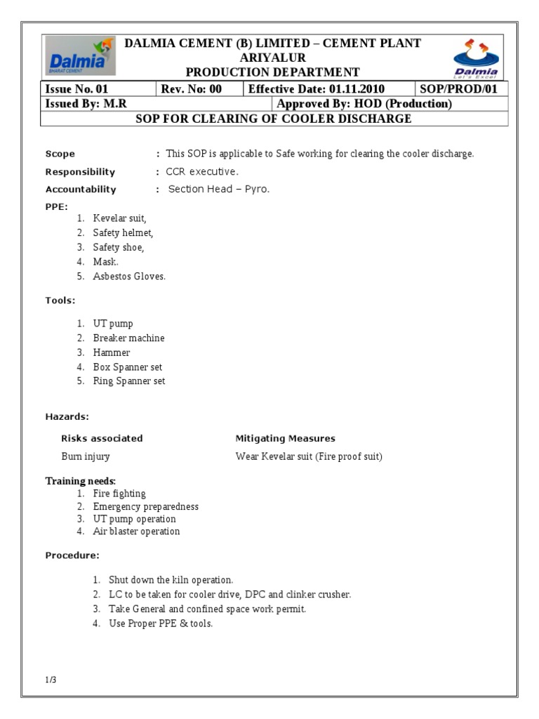SOP For Cleaning of Clinker Cooler Discharge | PDF | Building Materials ...
