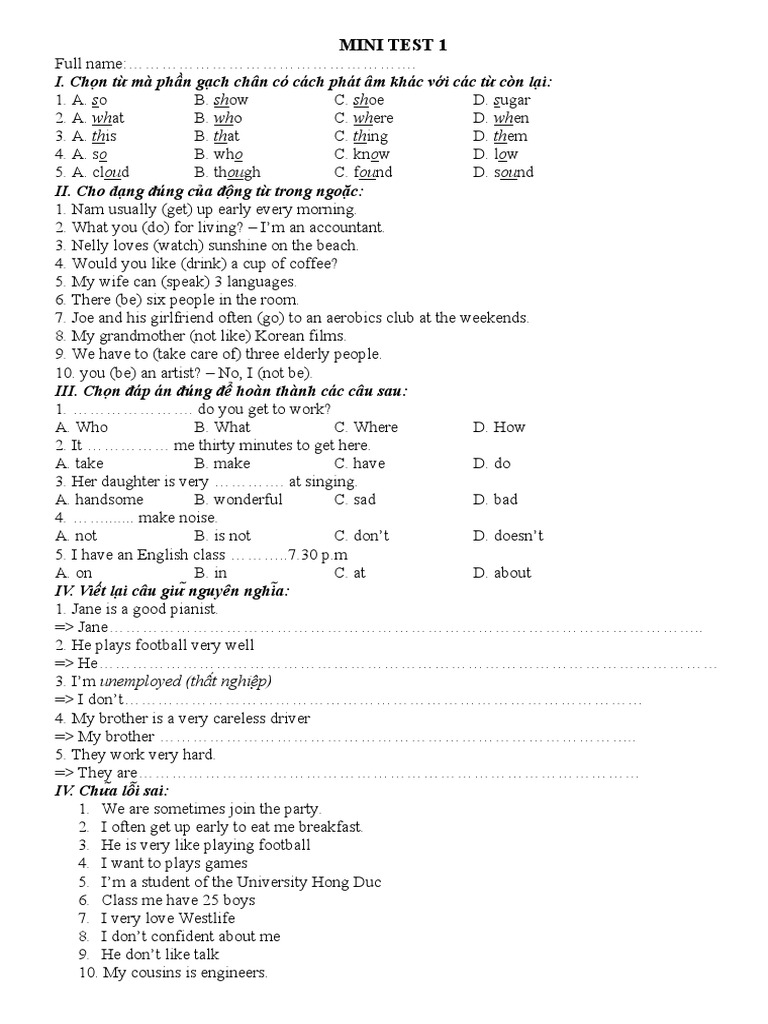 English Mini Test for Beginners | PDF
