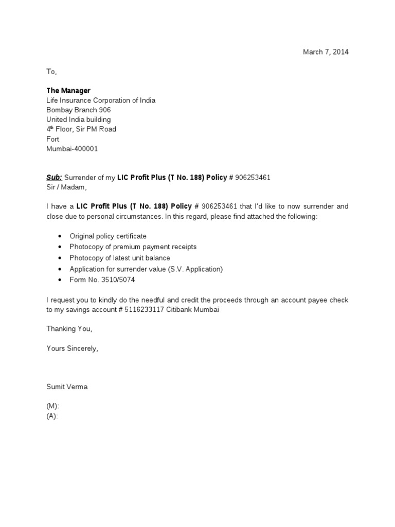 LIC ULIP Surrender Request Letter Template | PDF | Service Industries ...