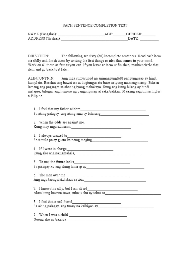 Sach Sentence Completion Test | PDF