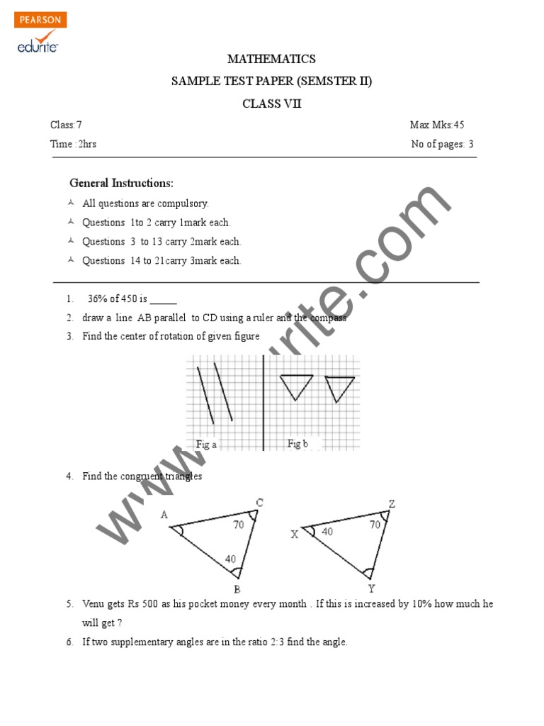 Class 7 Cbse Maths Sample Paper Term 2 Model 1 | PDF | Triangle | Angle