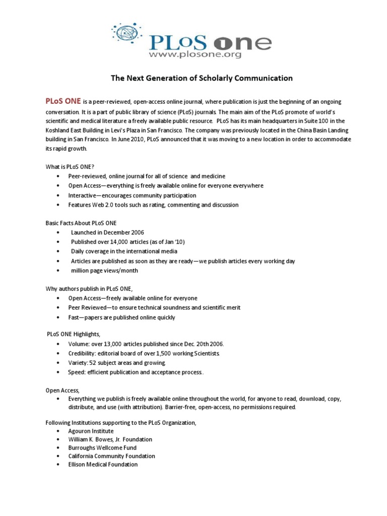 Plos One: The Next Generation of Scholarly Communication | Download ...