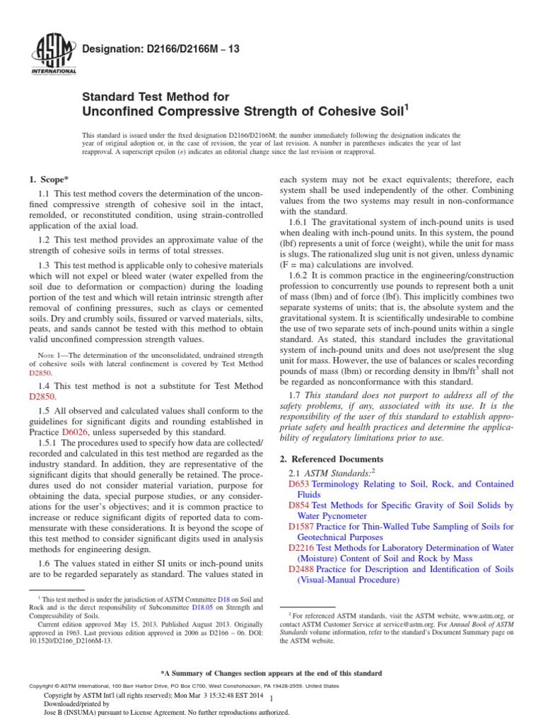 ASTM D2166 13 - Standard Test Method For Unconfined Compressi | PDF ...