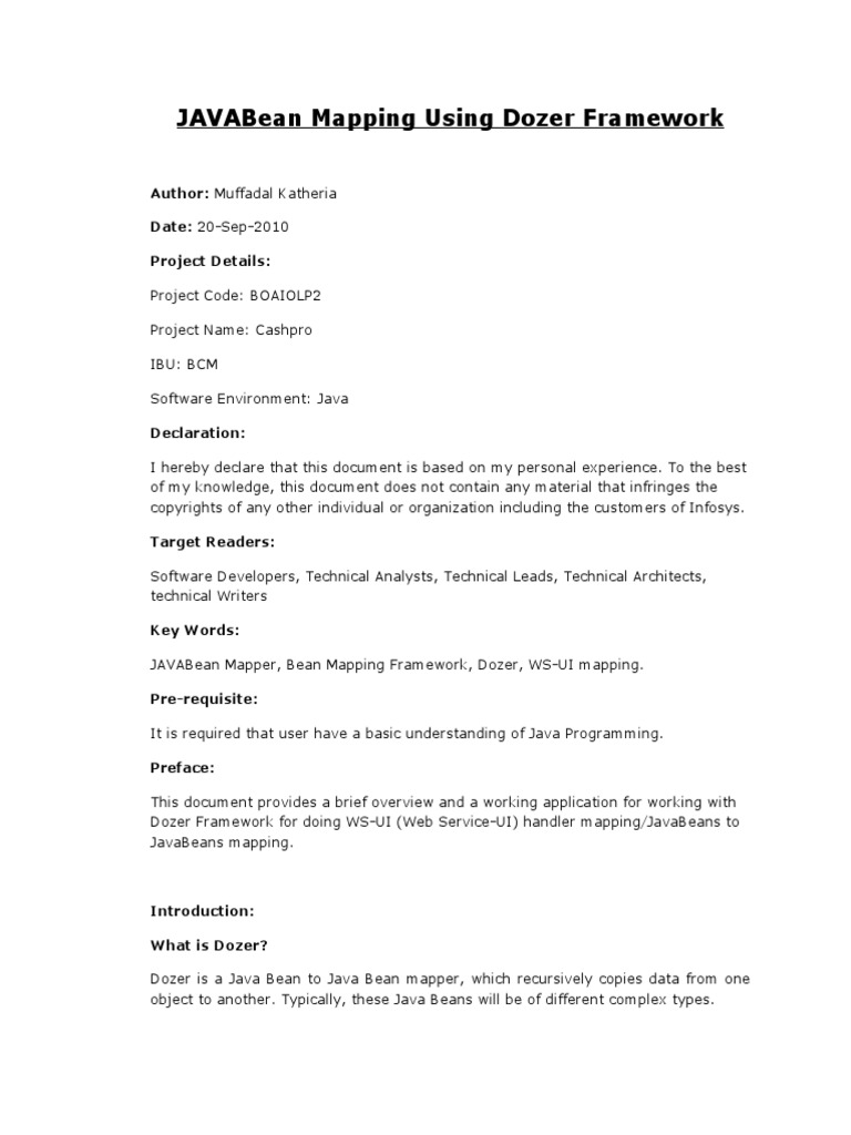 Javabean Mapping Using Dozer Framework: Author: Muffadal Katheria Date ...