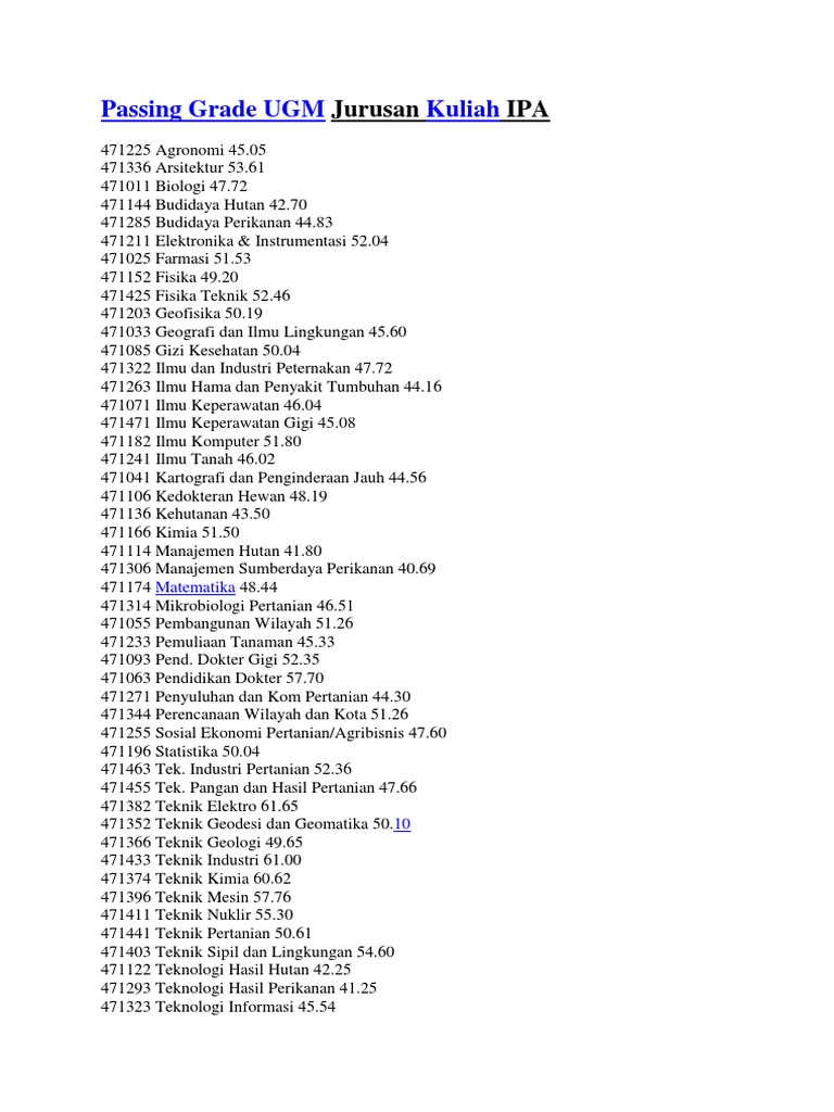 Passing Grade UGM Jurusan Kuliah IPA | PDF
