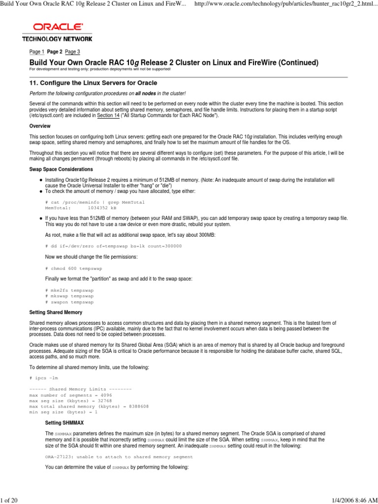 Build Your Own Oracle Rac 10g Release 2 Cluster On Linux And Firewire Continued Pdf Oracle