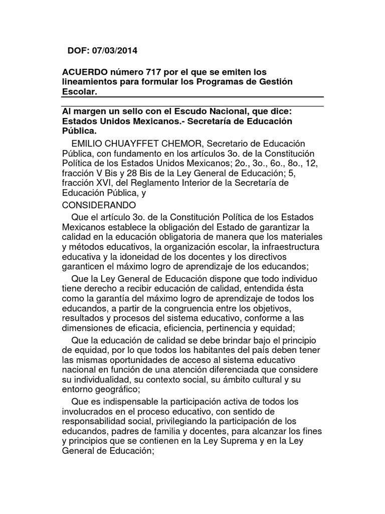 ACUERDO Número 717 Por El Que Se Emiten Los Lineamientos para Formular ...