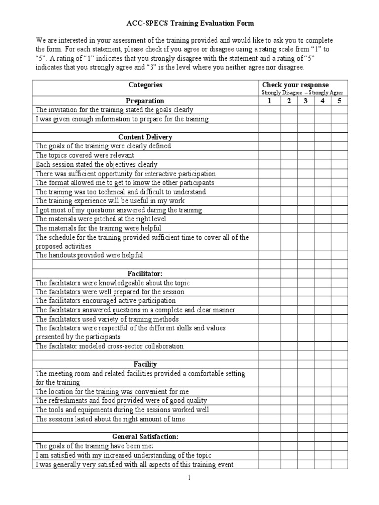 Training Assessment and Evaluation Form | Facilitator | Performance ...