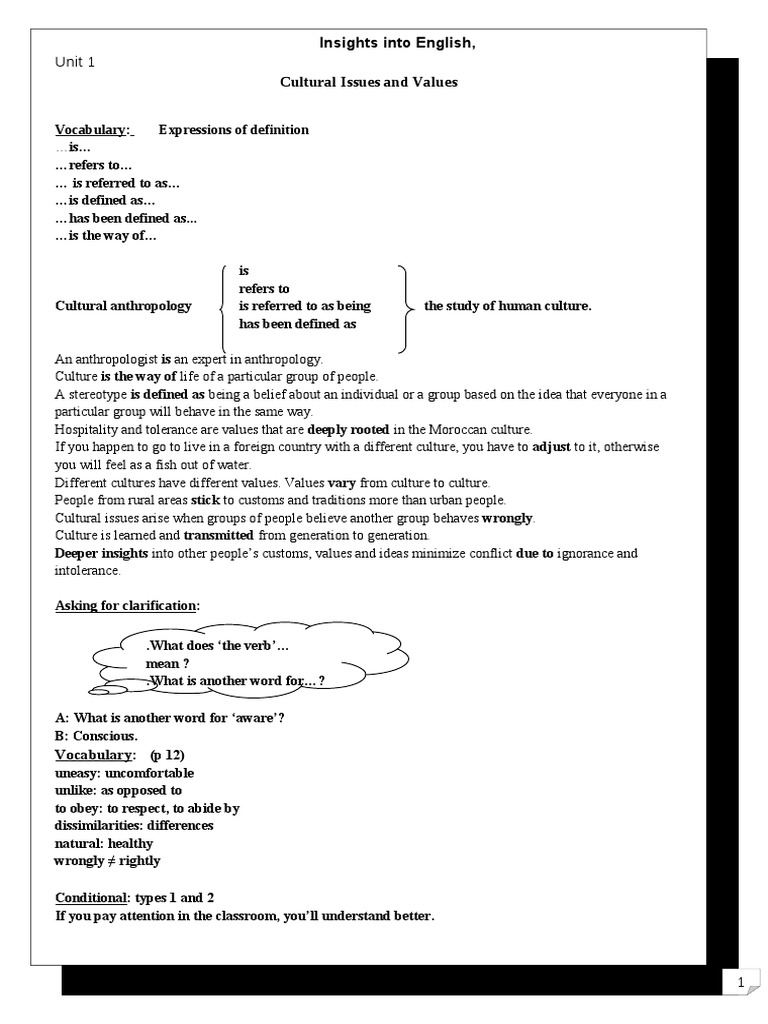 Unit 1: Insights Into English, Cultural Issues and Values | PDF ...