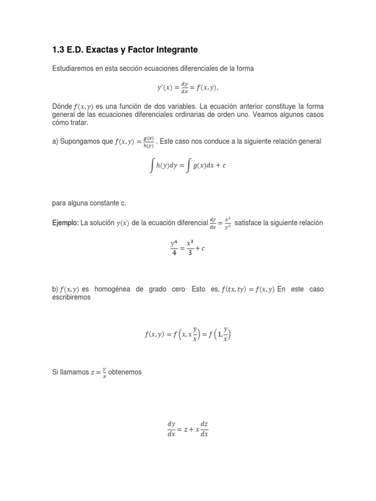 1.3 E.D. Exactas y Factor Integrante: Ejemplo | PDF | Ecuaciones | Integral
