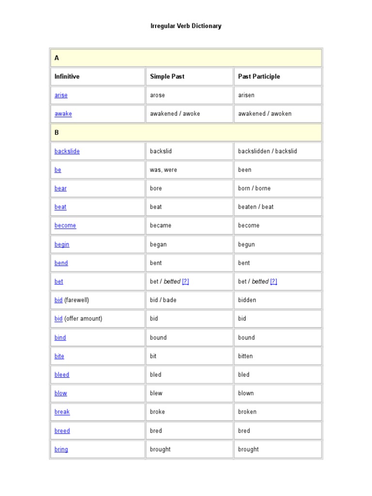 Irregular Verb Dictionary | Download Free PDF | Grammatical Conjugation | Syntax