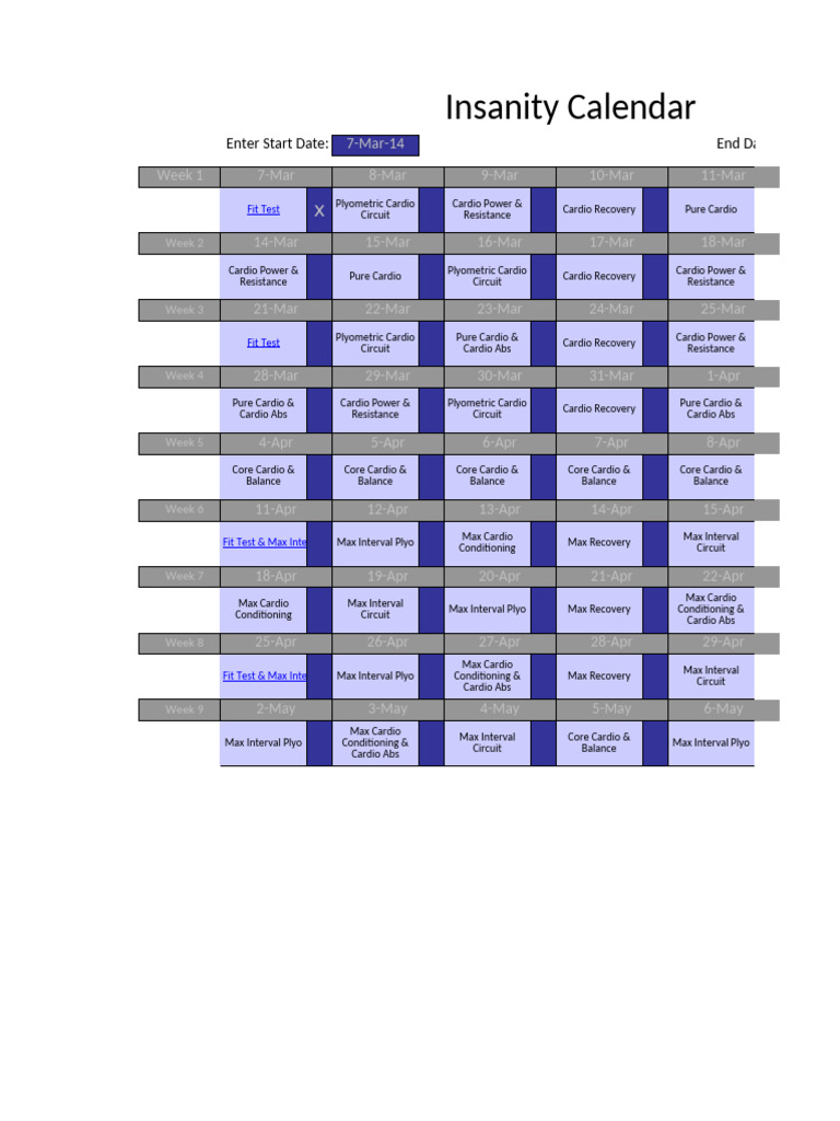 Insanity Calendar: Enter Start Date | PDF | Individual Sports ...