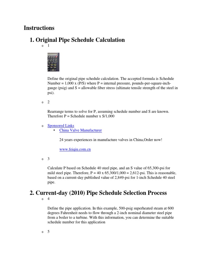 Instructions 1. Original Pipe Schedule Calculation: Sponsored Links ...