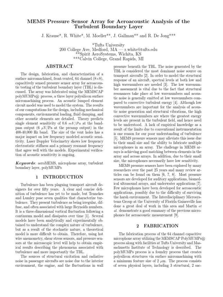 MEMS Pressure Sensor Array For Aeroacoustic Analysis of The Turbulent Boundary Layer | PDF ...