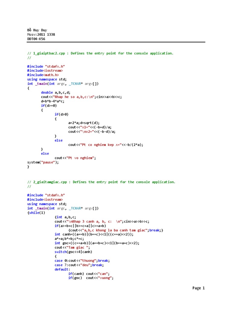 1 - Giaiptbac2.cpp: Defines The Entry Point For The Console Application. | PDF | Control Flow ...