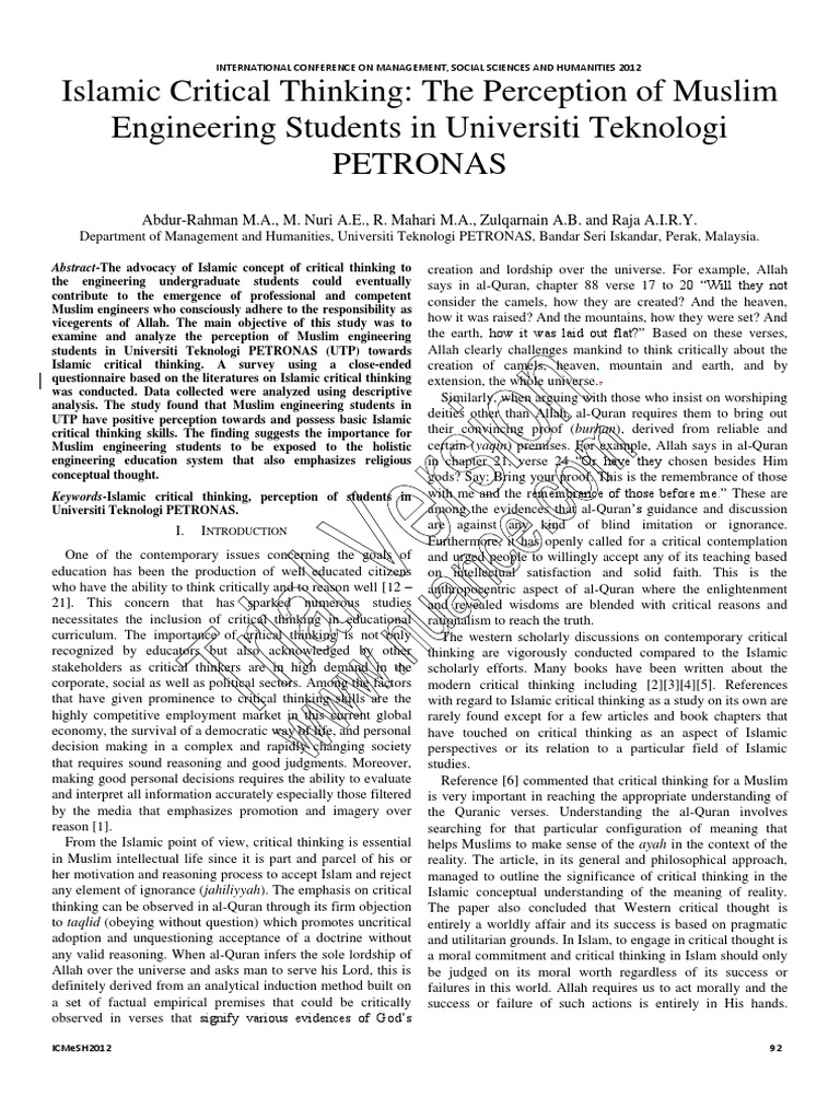 Trial Version: Islamic Critical Thinking: The Perception of Muslim Engineering Students in ...