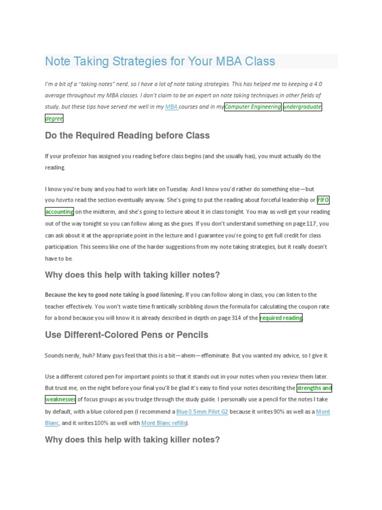 Note Taking Strategies For Your MBA Class: Do The Required Reading ...