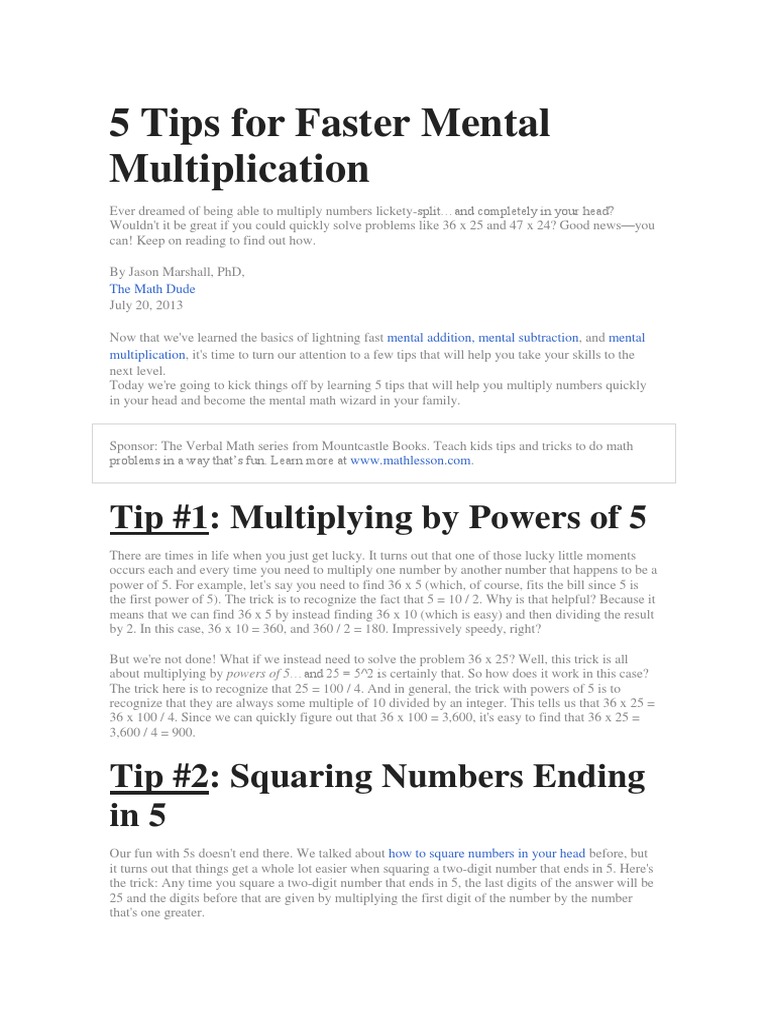 5 Tips For Faster Mental Multiplication PDF | PDF | Multiplication ...