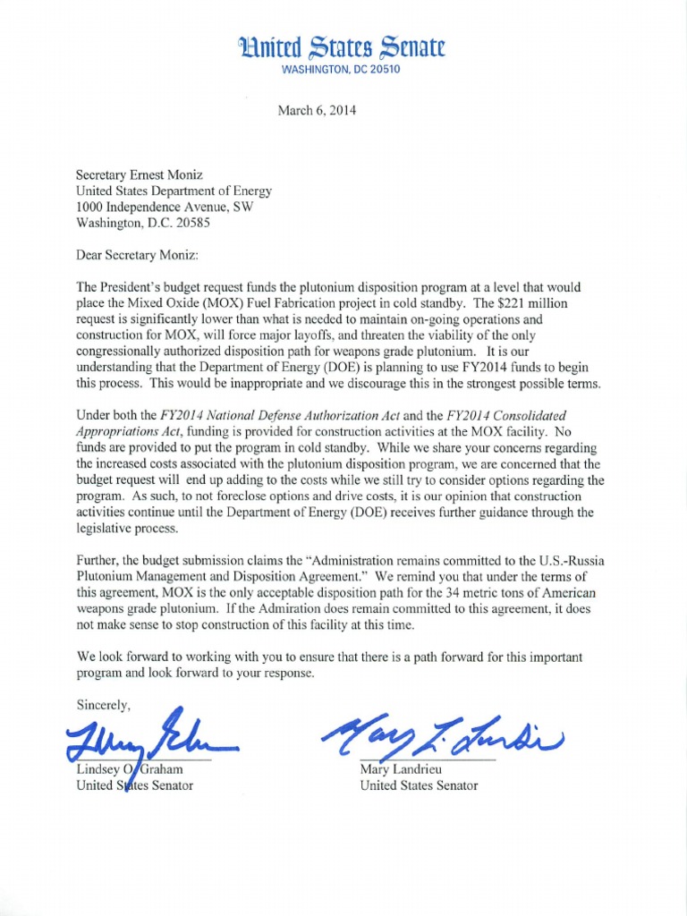 Senators Pen Letter To Secretary Moniz On MOX | PDF