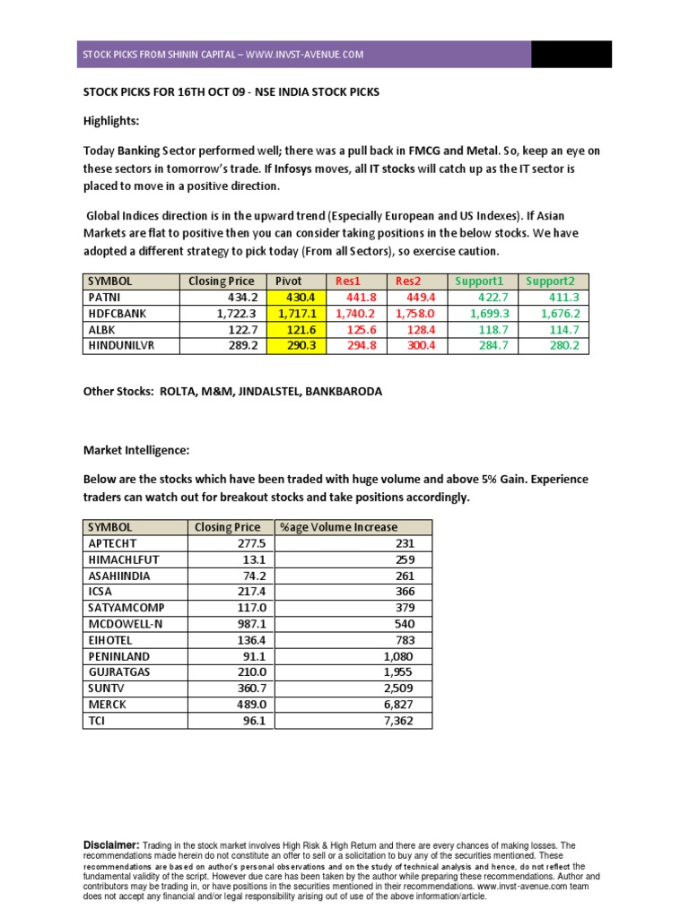 Stock Picks 16/10/2009 | PDF | Stocks | Technical Analysis