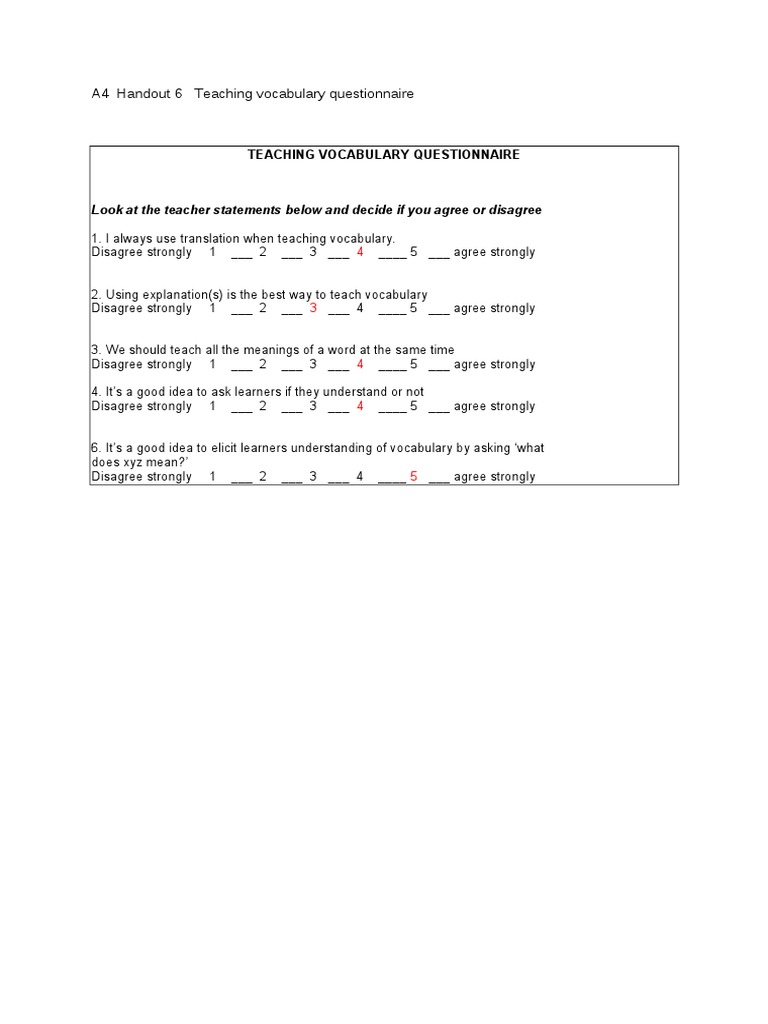 A4 Handout 6 Teaching Vocabulary Questionnaire | PDF | Applied ...