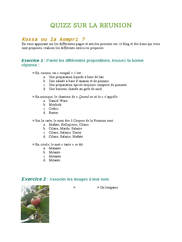 Quizz Culture Réunionnaise | PDF | Nourriture et boisson | Cuisine