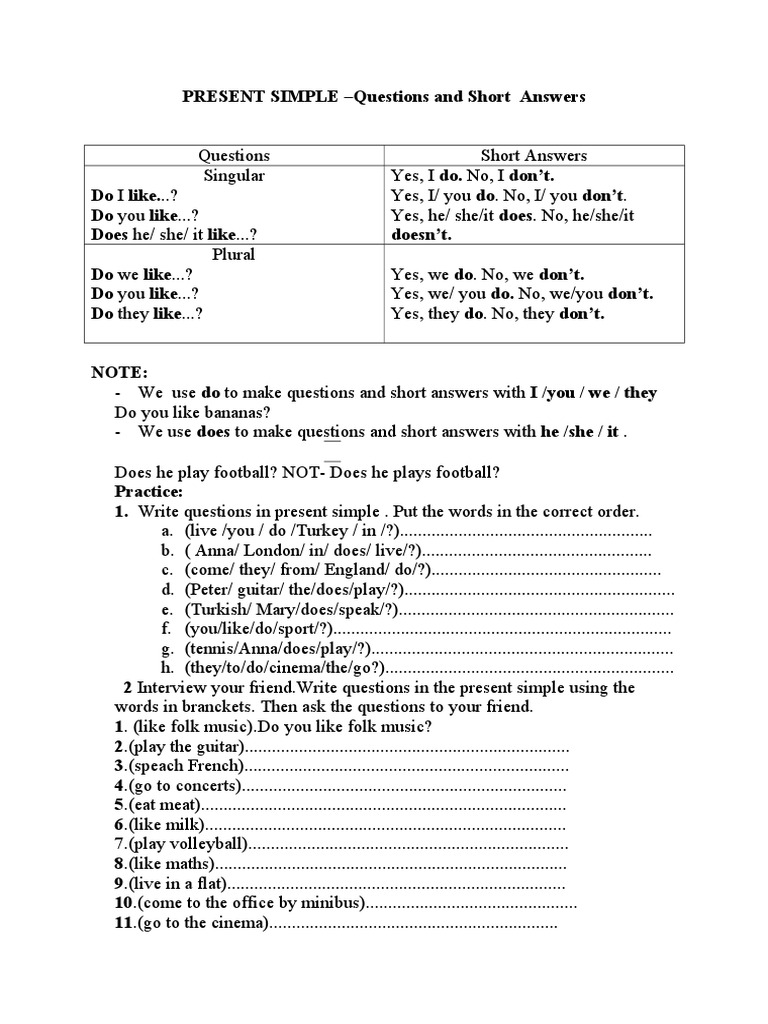 Present Simple Questions and Short Answers - A Guide to Forming ...