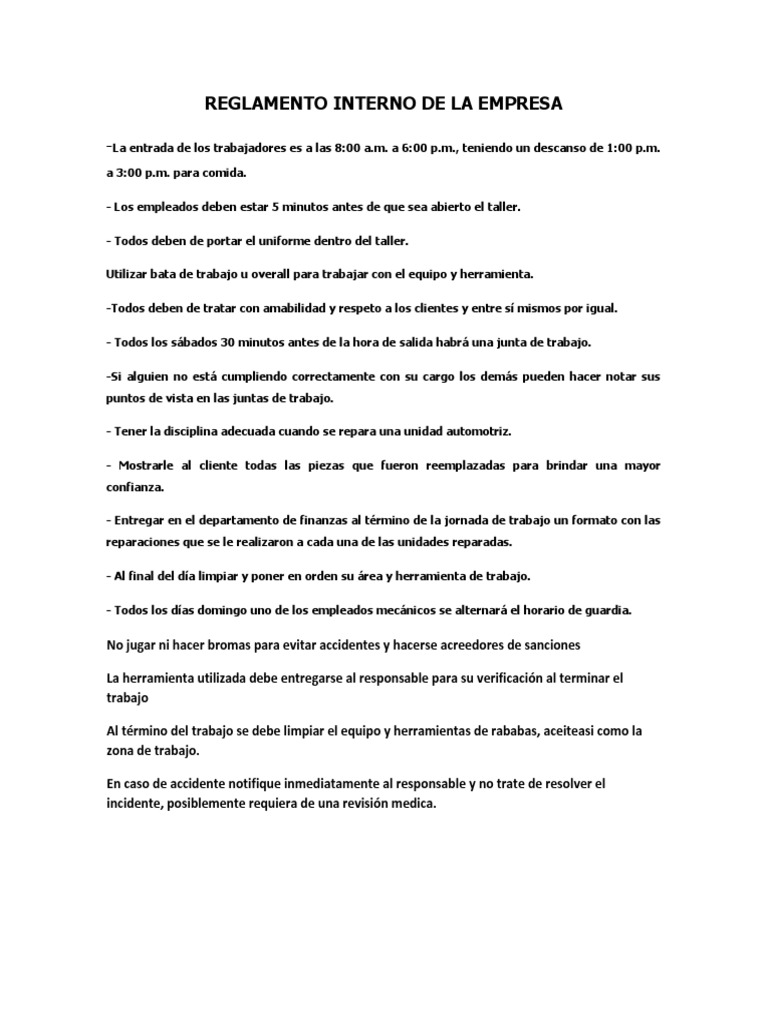 Reglamento interno empresa taller automotriz | PDF | Calidad (comercial) | Planificación
