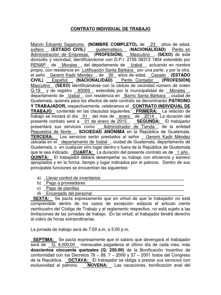 Contrato Individual de Trabajo | PDF | Guatemala | Gobierno