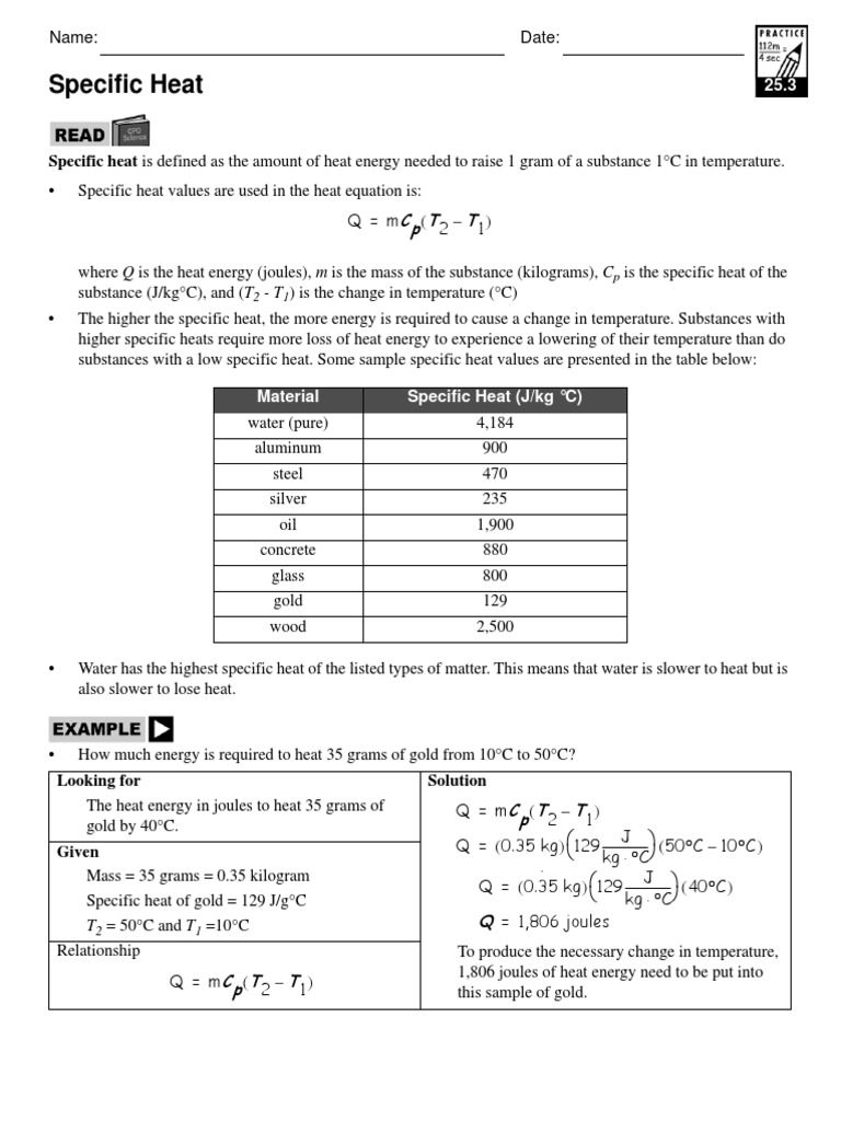 Specific Heat Worksheet | PDF | Heat | Thermodynamic Properties