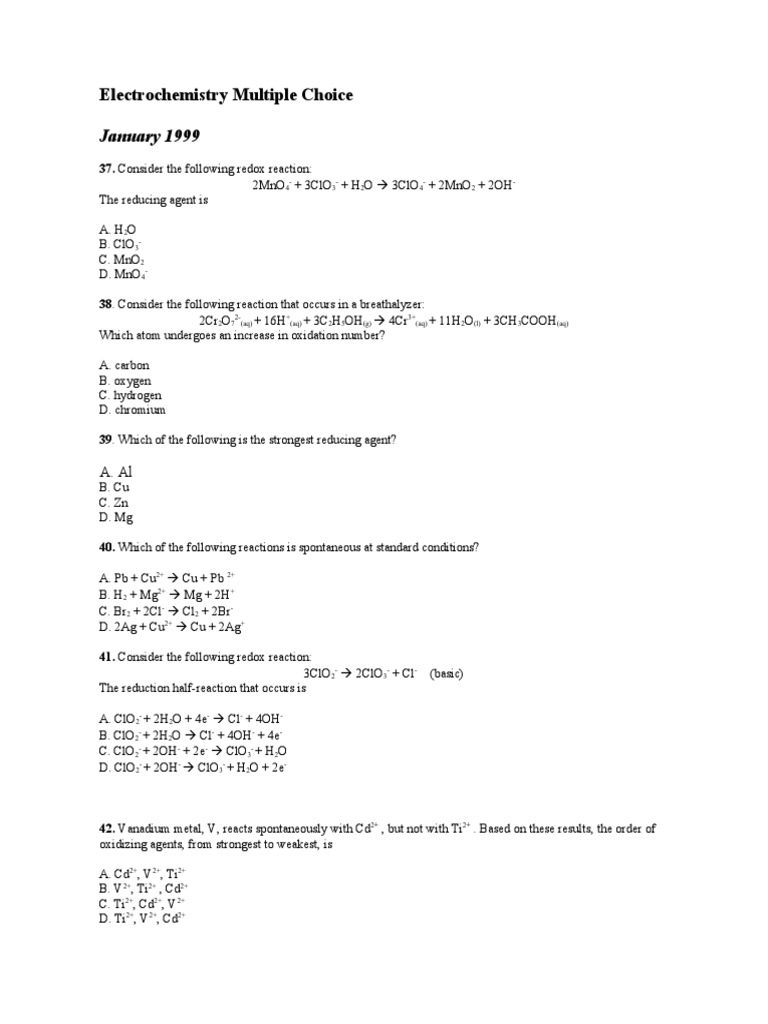 Electrochemistry Exam Questions | PDF | Redox | Electrochemistry