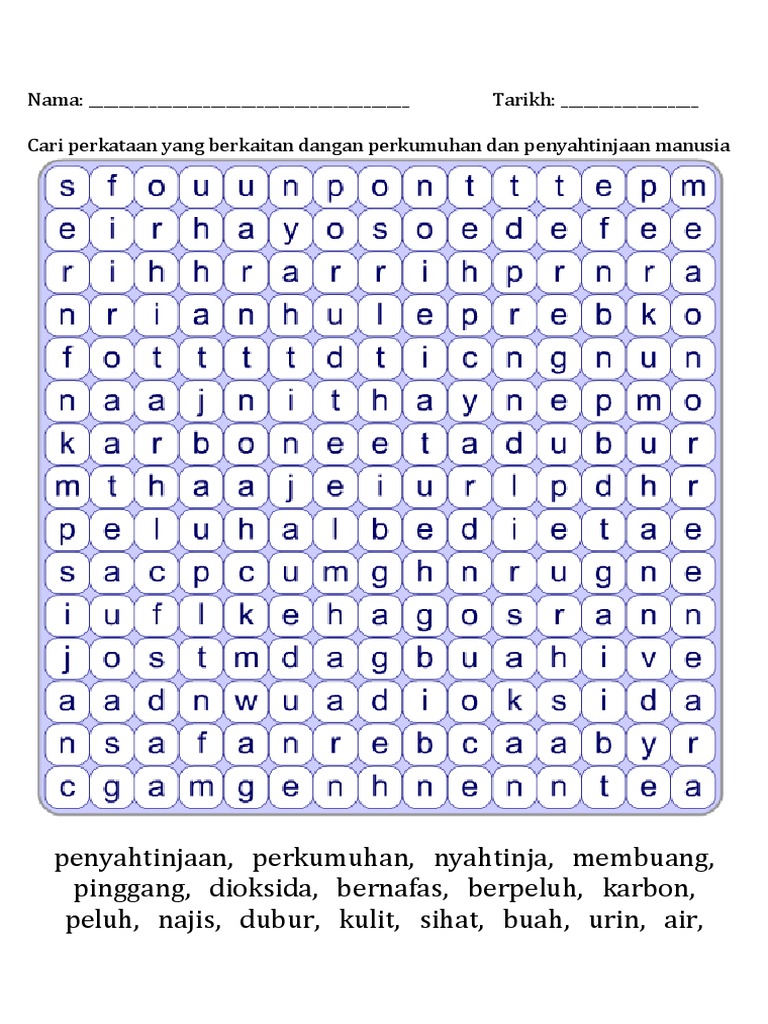 Word Search - Berkaitan Dengan Perkumuhan Dan Penyahtinjaan KSSR Sains ...