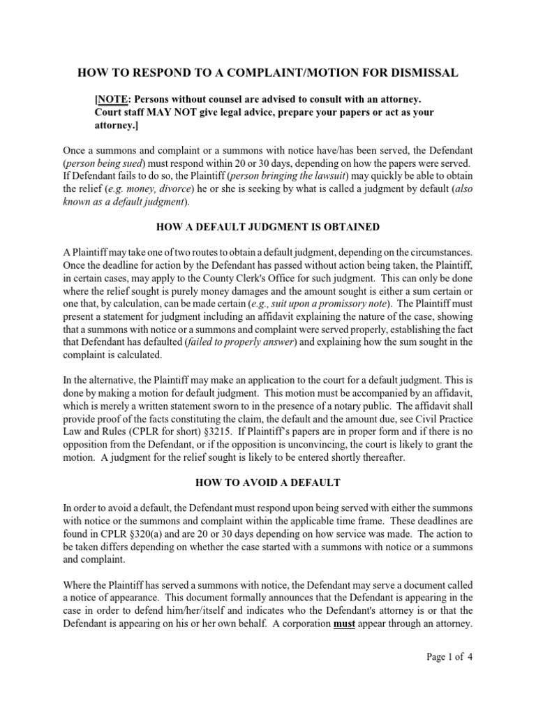 How To Respond To Complaint - Motion To Dismissal | PDF | Default Judgment | Service Of Process