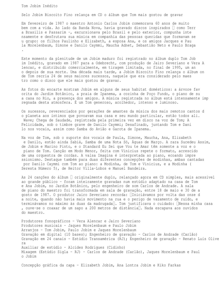 Tom Jobim Inédito | PDF | Som | Artes Cênicas