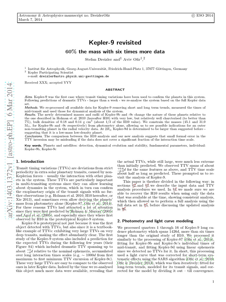 Kepler-9 Revisited: 60% The Mass With Six Times More Data | PDF ...