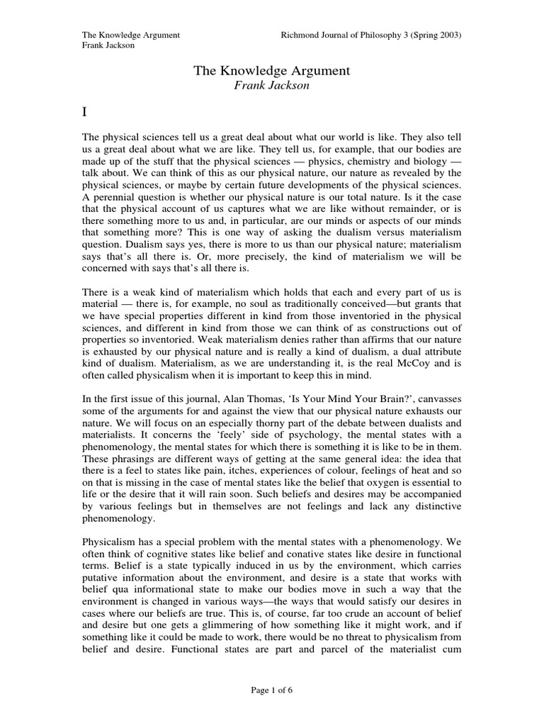 The Knowledge Argument | PDF | Materialism | Deductive Reasoning