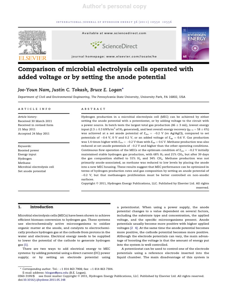 Comparison of Microbial Electrolysis Cells Operated With | PDF ...