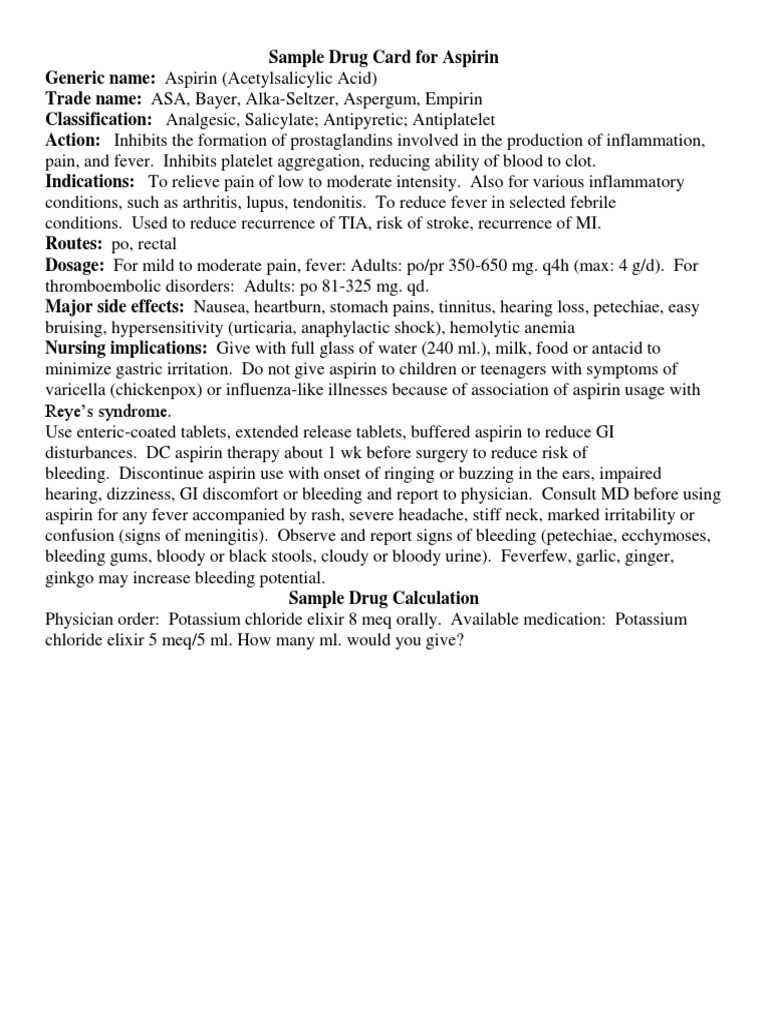 Aspirin Drug Card Overview | PDF | Wellness