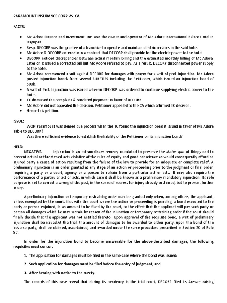 Paramount Insurance Corp Vs | PDF | Surety Bond | Injunction